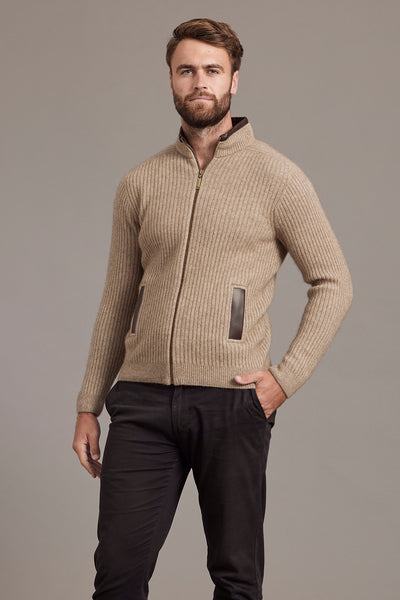 P0SSUM & MERINO MEN'S RIB ZIP JACKET WITH LEATHER TRIM 6610 – Nelson Merino